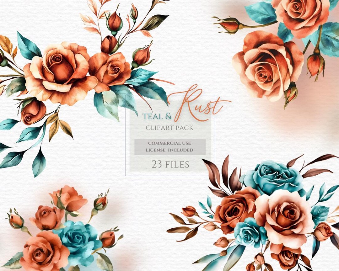 Teal and Rust Flowers, Turquoise and Orange Floral Wedding Clipart ...
