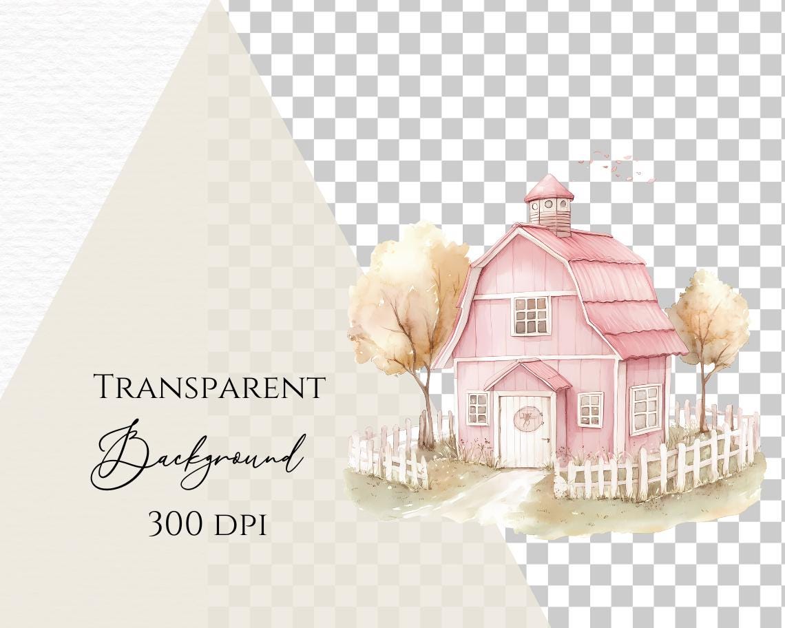 Watercolor Pink Cute Farm Clipart, Commercial Use, Watercolor Clipart ...