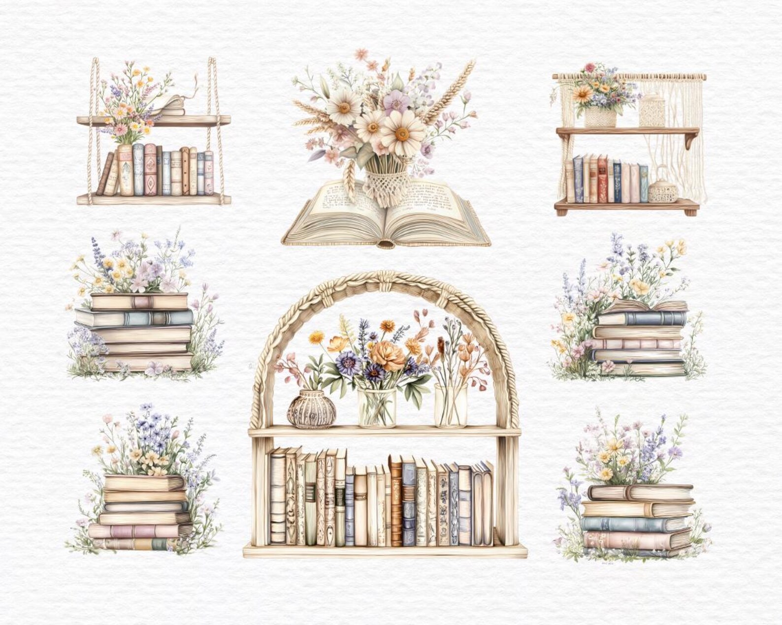 Boho Bookshelf, Clipart Library, Wildflower Books, Stack of Books ...