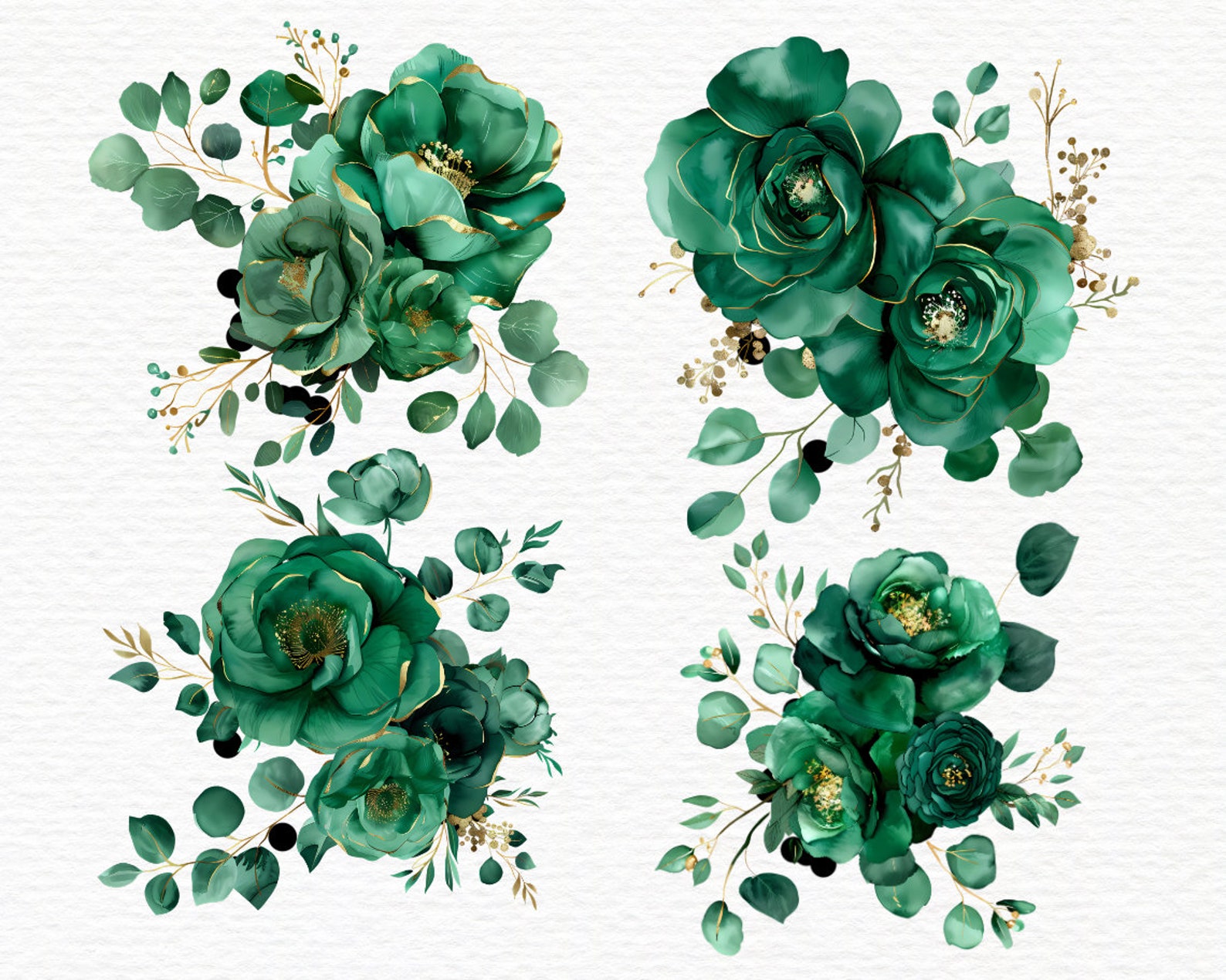 Emerald Green Flowers Clipart, Wedding Clipart, Watercolor Flowers ...