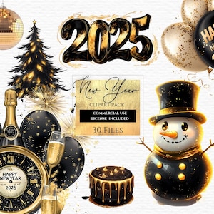 Happy New Year Clipart Black and Gold 2025, Black and Gold Party, New ...