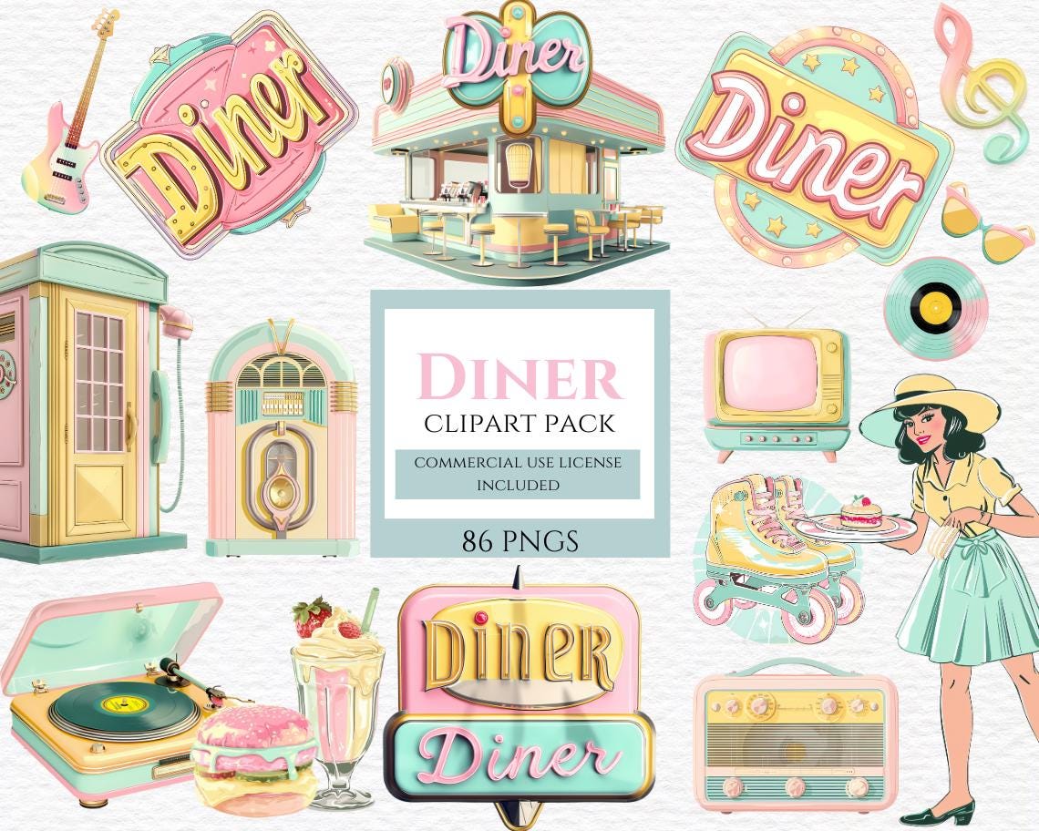 Diner Sign Clipart, 50s Clipart, 1950s Clipart, Retro 50s, Jukebox ...
