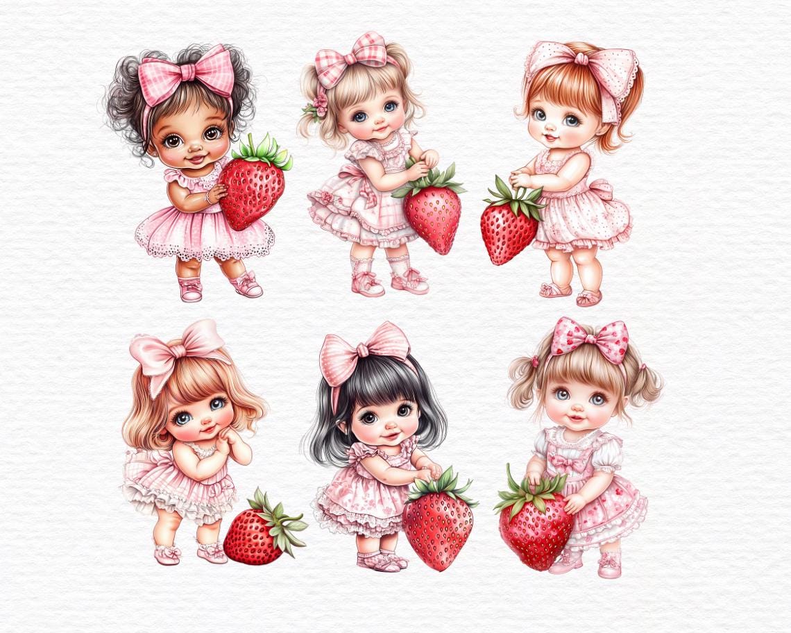 Cute Strawberry Baby Girl Clipart, Strawberries Clipart, Pink Bow ...