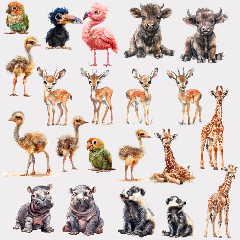 Jungle Clipart Bundle, Watercolor Jungle Cute Baby Animals Pngs, Safari ...