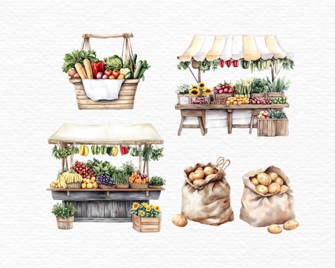 Farmers Market Stand Clipart, Clipart Bundle, Watercolor Clipart ...