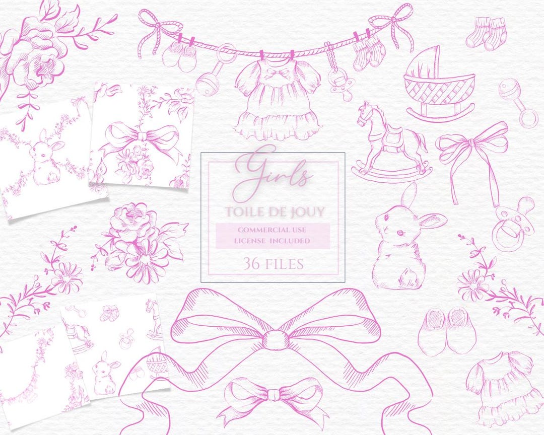 Toile De Jouy, Baby Shower Clipart, Pink Toile Clipart, Chinoiserie ...
