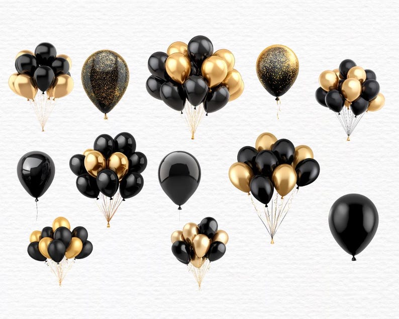 Black and Gold Balloon Clipart, White and Gold Party, Blush and Gold ...