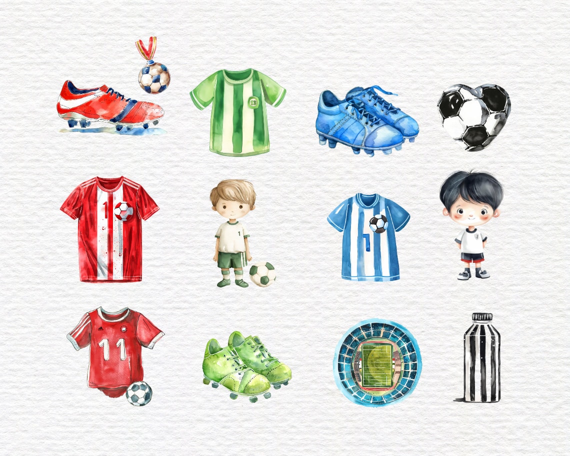 Watercolor Sports Clipart: Football & Soccer Jerseys (PNG Digital ...