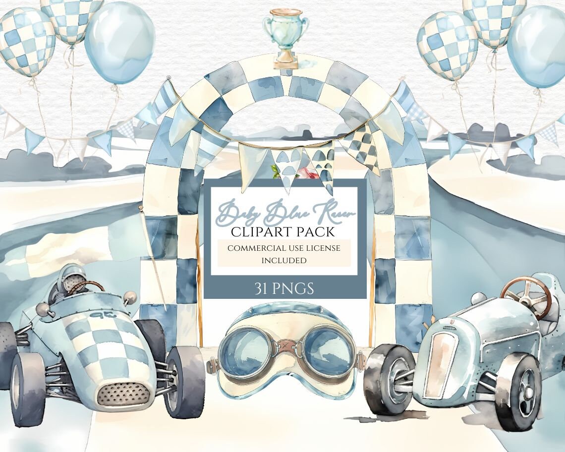 Racecar Birthday Clipart Bundle, Watercolor Clipart, Car Racing Clipart ...