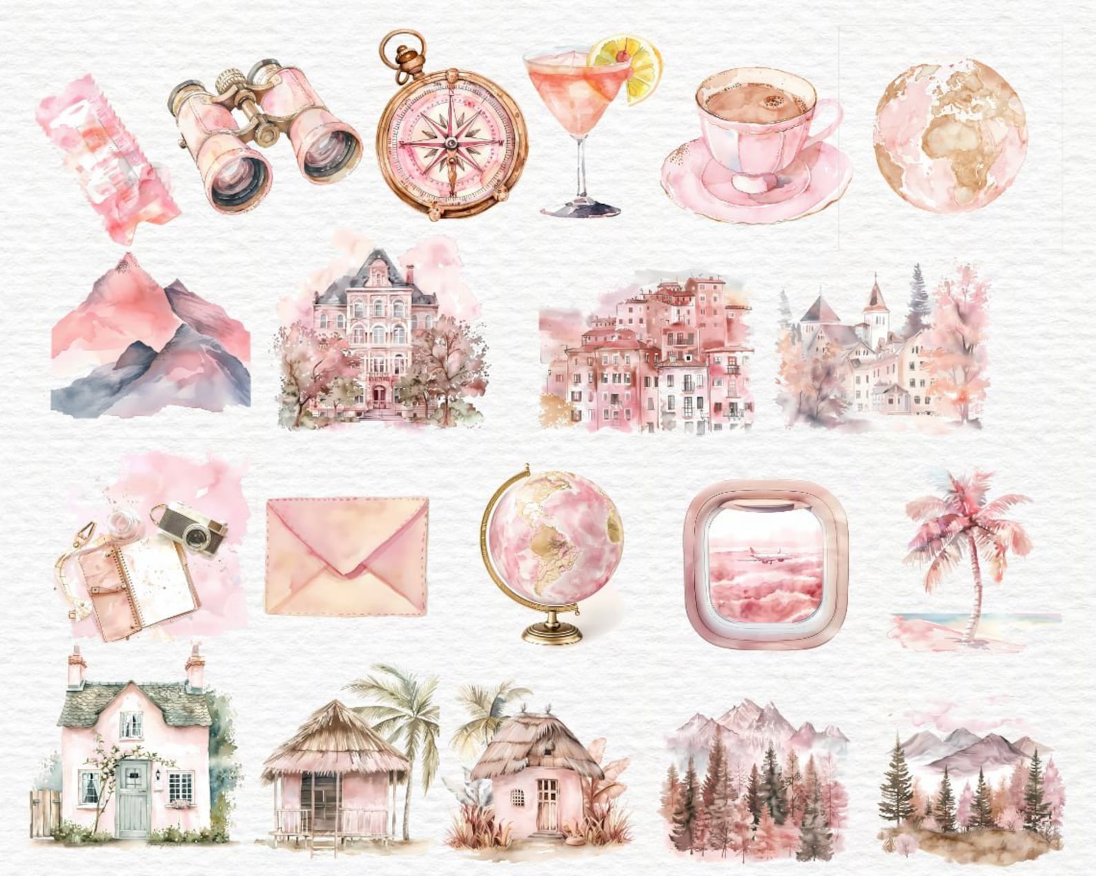 Travel Watercolor Clipart Pink Girly Theme. Learn More in Description ...