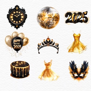 Happy New Year Clipart Black and Gold 2025, Black and Gold Party, New ...
