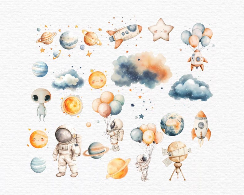 Watercolor Space Clipart Bundle Astronaut Rocket Png, Astronaut Clipart ...