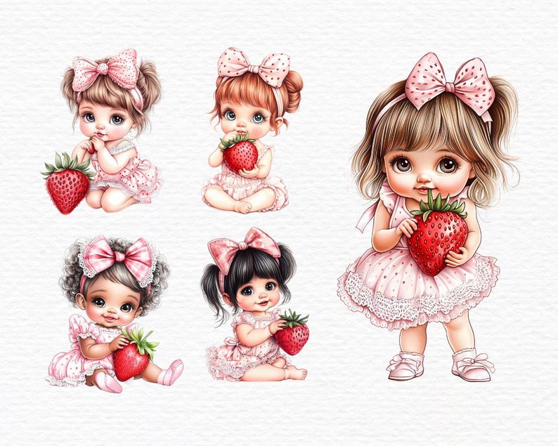 Cute Strawberry Baby Girl Clipart, Strawberries Clipart, Pink Bow ...