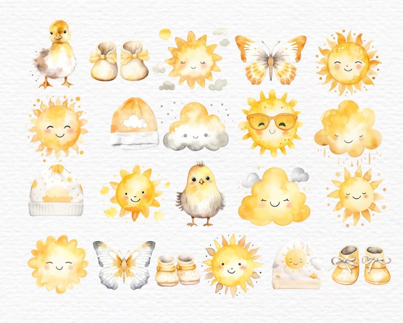 Cute Sun Clipart, Sun Clipart, Watercolor Sun PNG, Summer Clipart ...