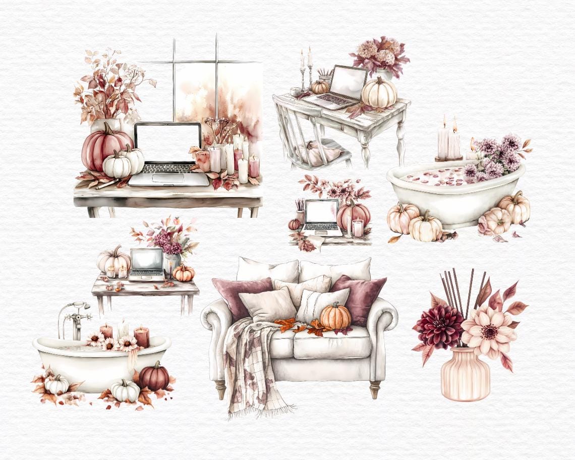 Watercolor Cosy Selfcare Clipart, Fall Clip Art Set, Watercolor Autumn ...
