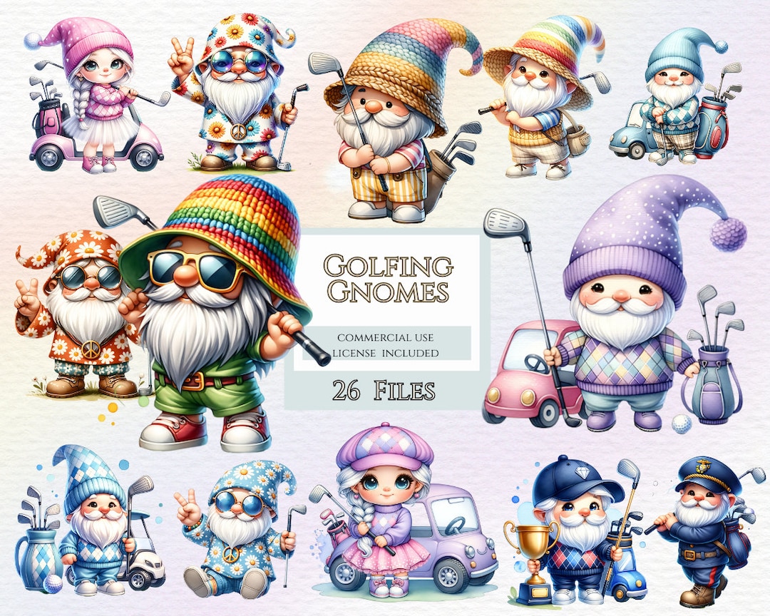 Golfing Gnomes Clipart, Golf Gnomes Clipart, Gnome PNG, Kids Gnome Art ...