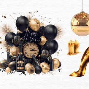 Happy New Year Clipart Black and Gold 2025, Black and Gold Party, New ...