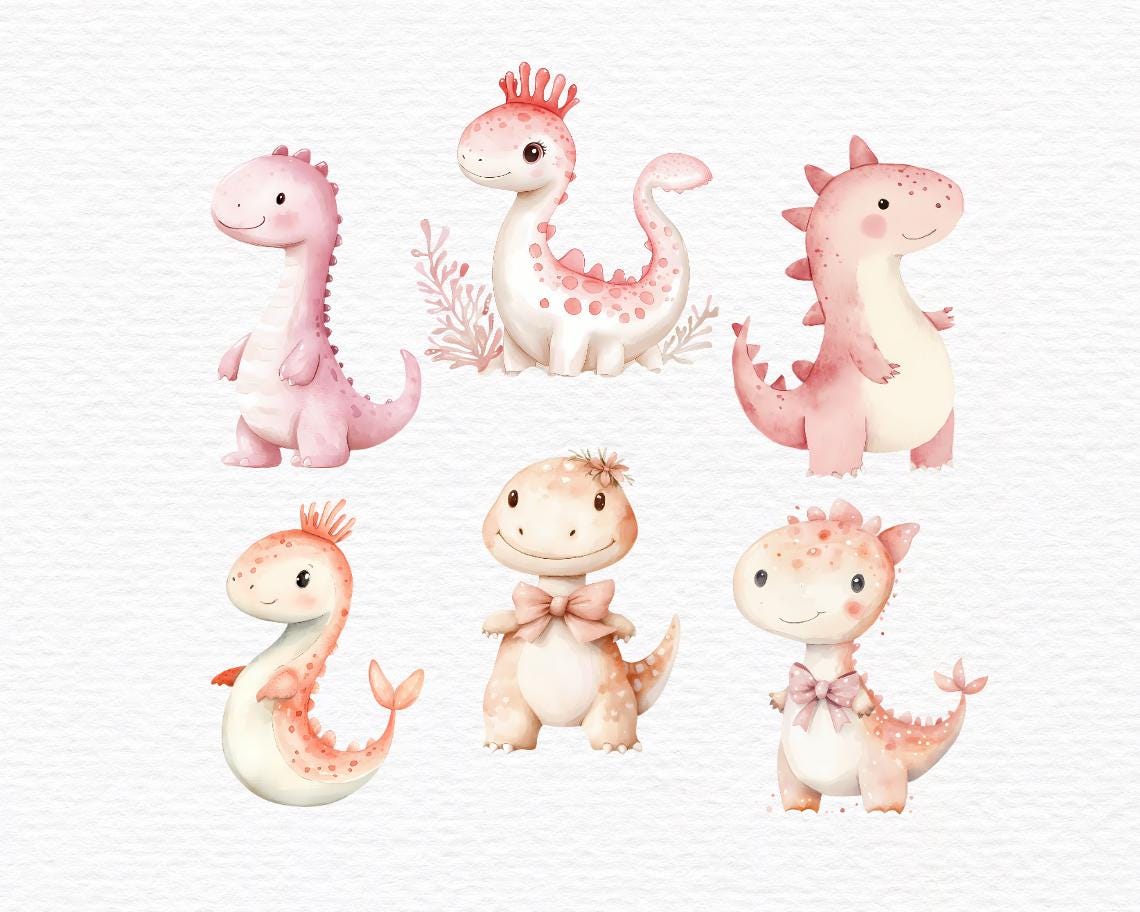 Watercolor Girly Dinosaurs Clipart, Dinosaur Clipart, Girly Dinosaurs ...