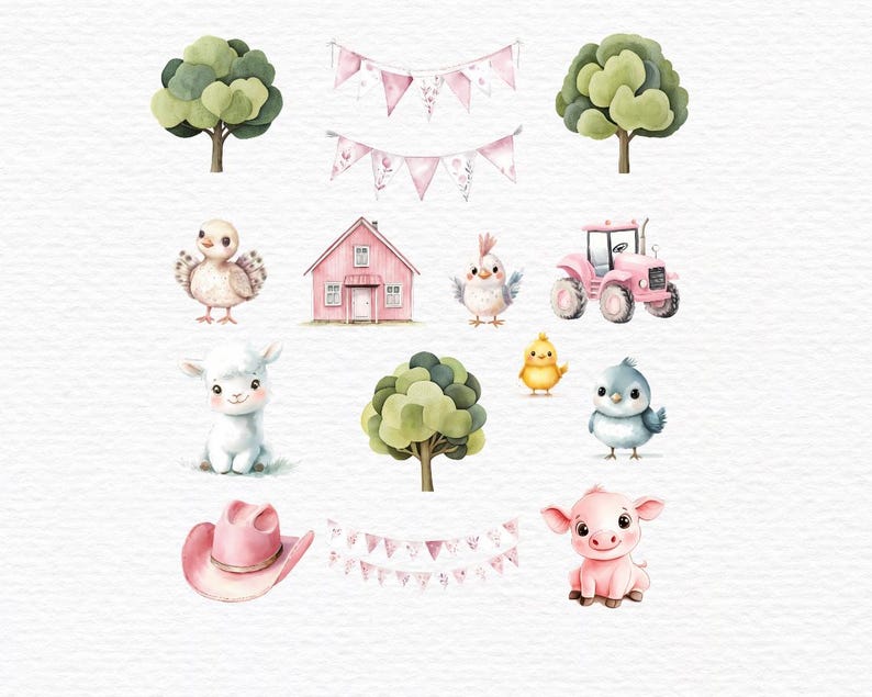 Watercolor Pink Cute Farm Clipart, Commercial Use, Watercolor Clipart ...