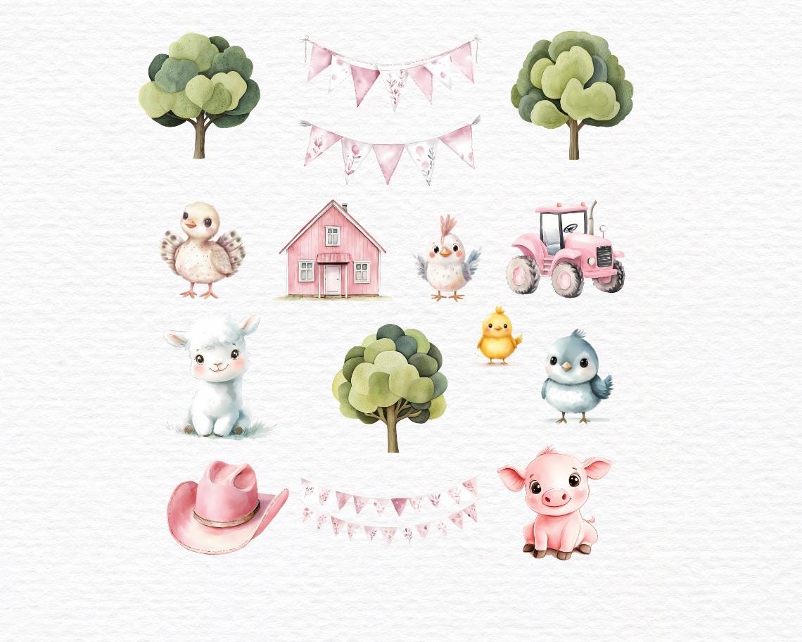 Watercolor Pink Cute Farm Clipart, Commercial Use, Watercolor Clipart ...