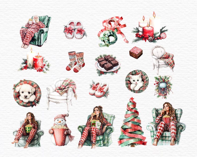 Christmas Movie Night Clipart, Watercolor Clipart, Pajama Night Art ...