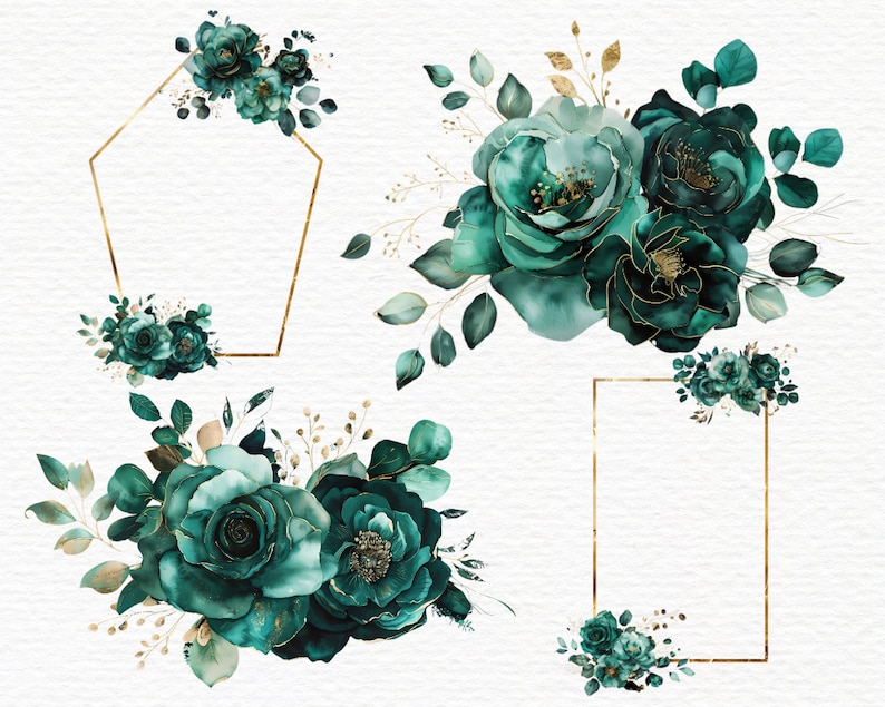 Emerald Green Flowers Clipart, Wedding Clipart, Watercolor Flowers ...