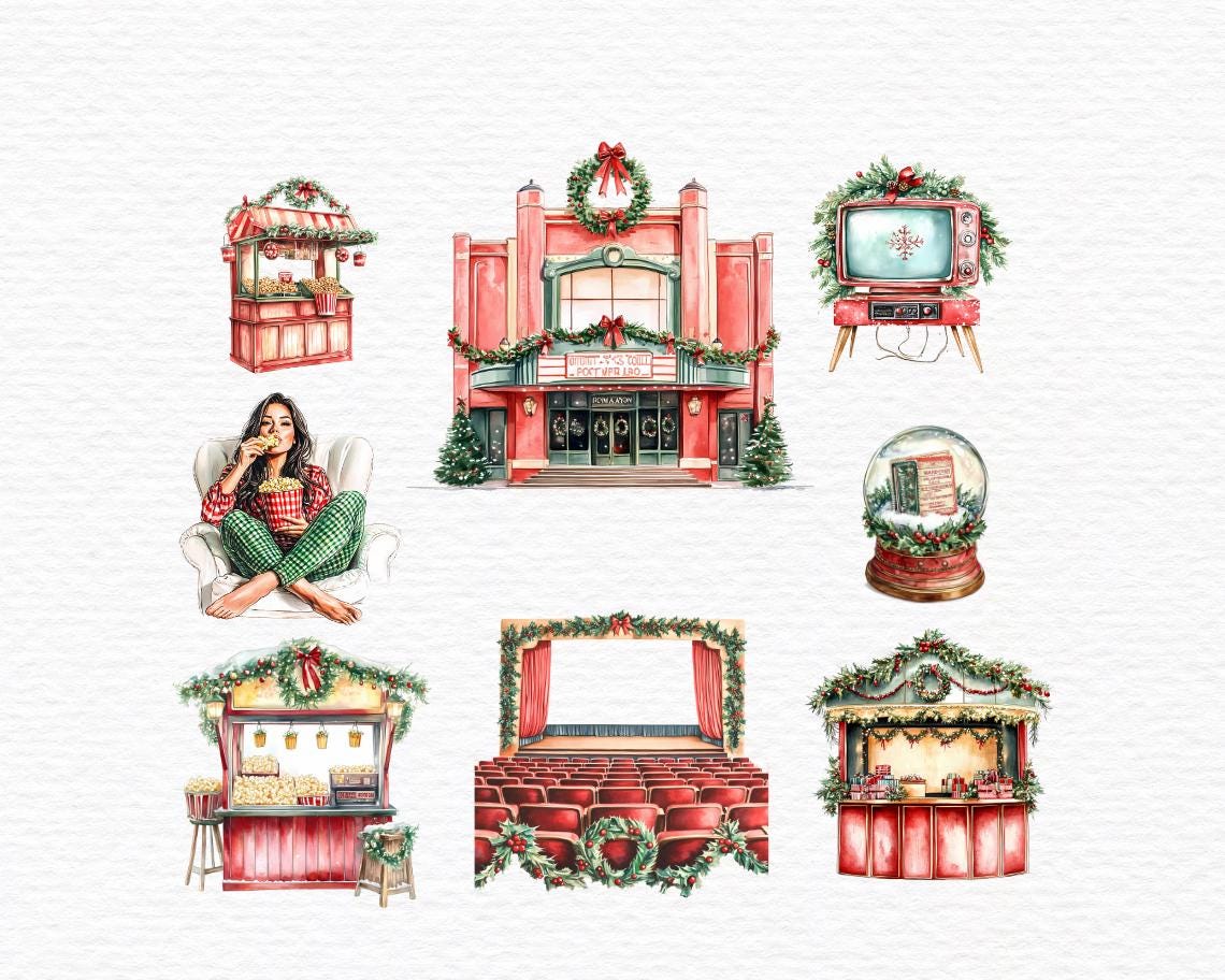 Christmas Movie Night Clipart, Watercolor Clipart, Pajama Night Art ...