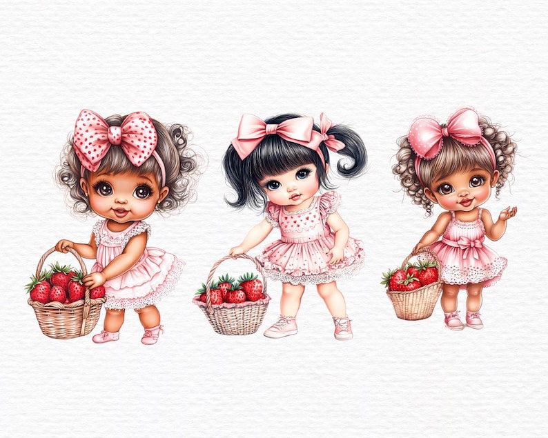 Cute Strawberry Baby Girl Clipart, Strawberries Clipart, Pink Bow ...