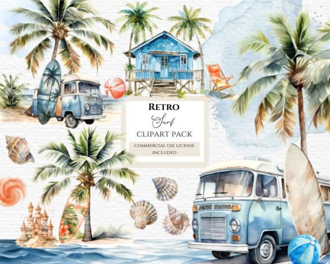 Retro Surf Clipart, Wave Border Clipart, Surfing Clipart, Surfboard Png ...