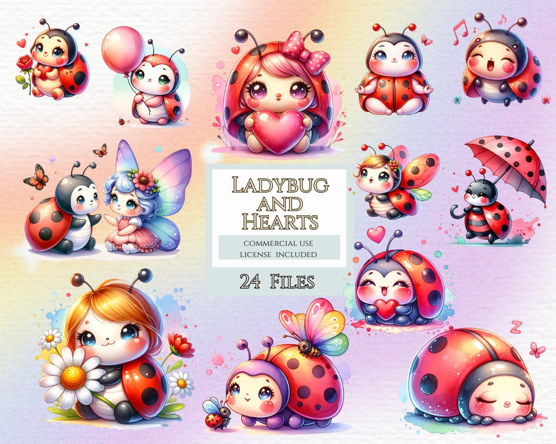 Watercolor Clipart Ladybugs and Hearts, Ladybug Clipart, Ladybug Png ...