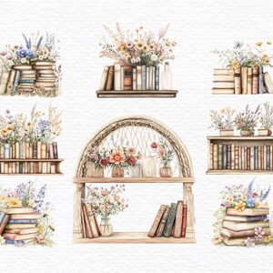 Boho Bookshelf, Clipart Library, Wildflower Books, Stack of Books ...