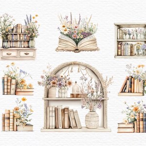 Boho Bookshelf, Clipart Library, Wildflower Books, Stack of Books ...