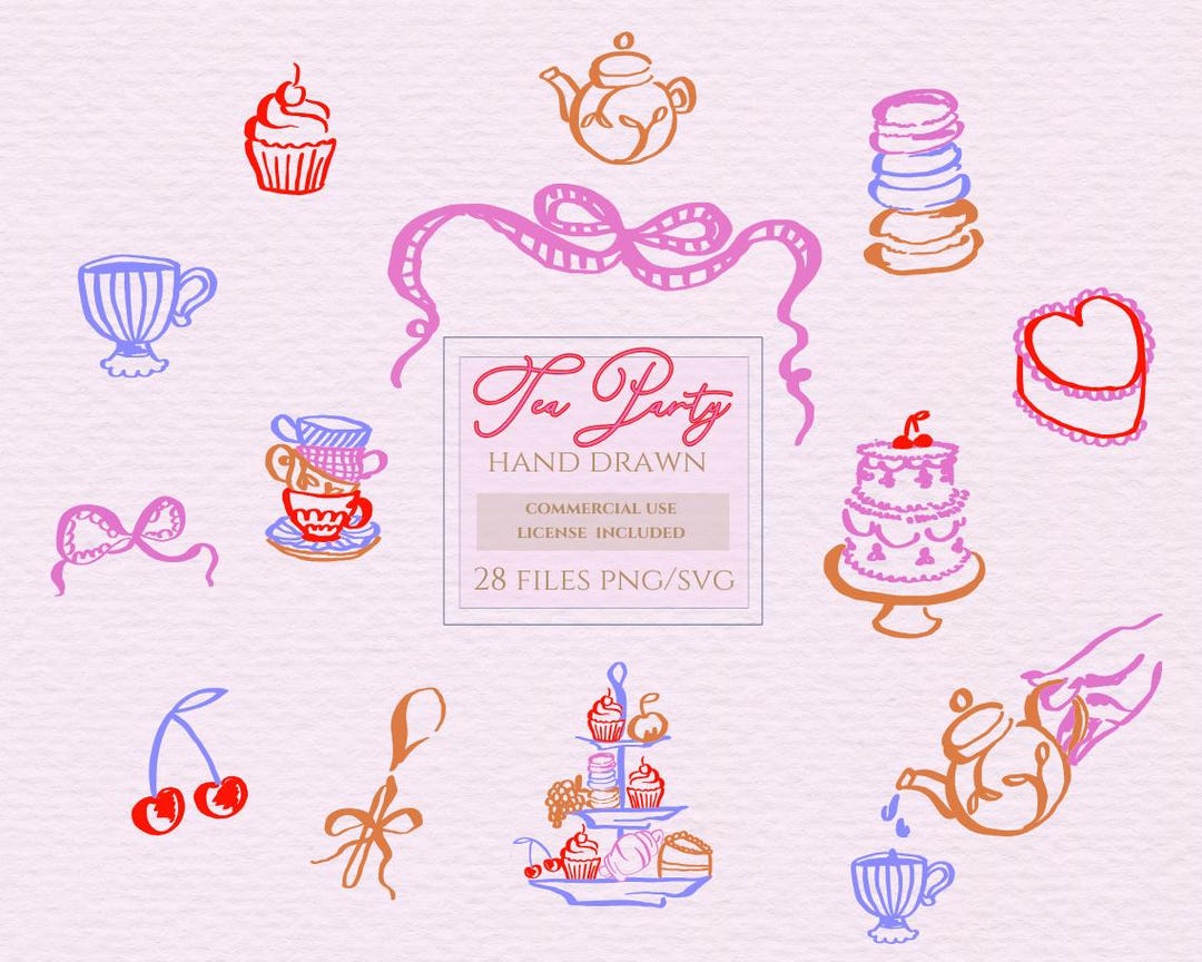 Line Drawing Tea Party Clipart, Wedding Menu, Brunch Invitation, Tea ...