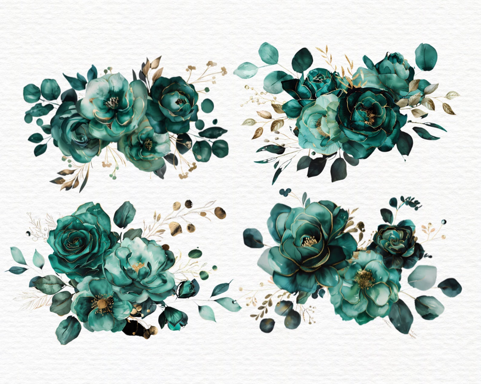 Emerald Green Flowers Clipart, Wedding Clipart, Watercolor Flowers ...