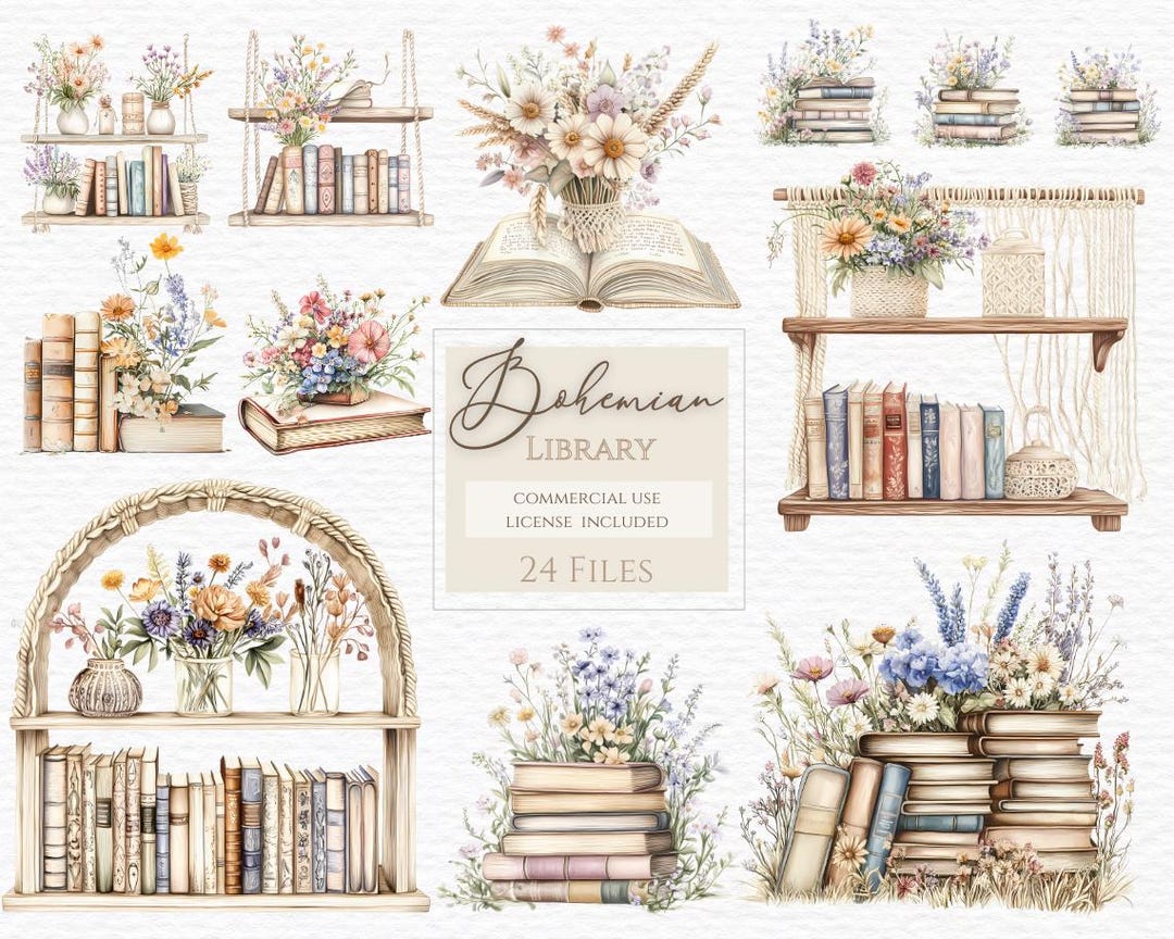 Boho Bookshelf, Clipart Library, Wildflower Books, Stack of Books ...