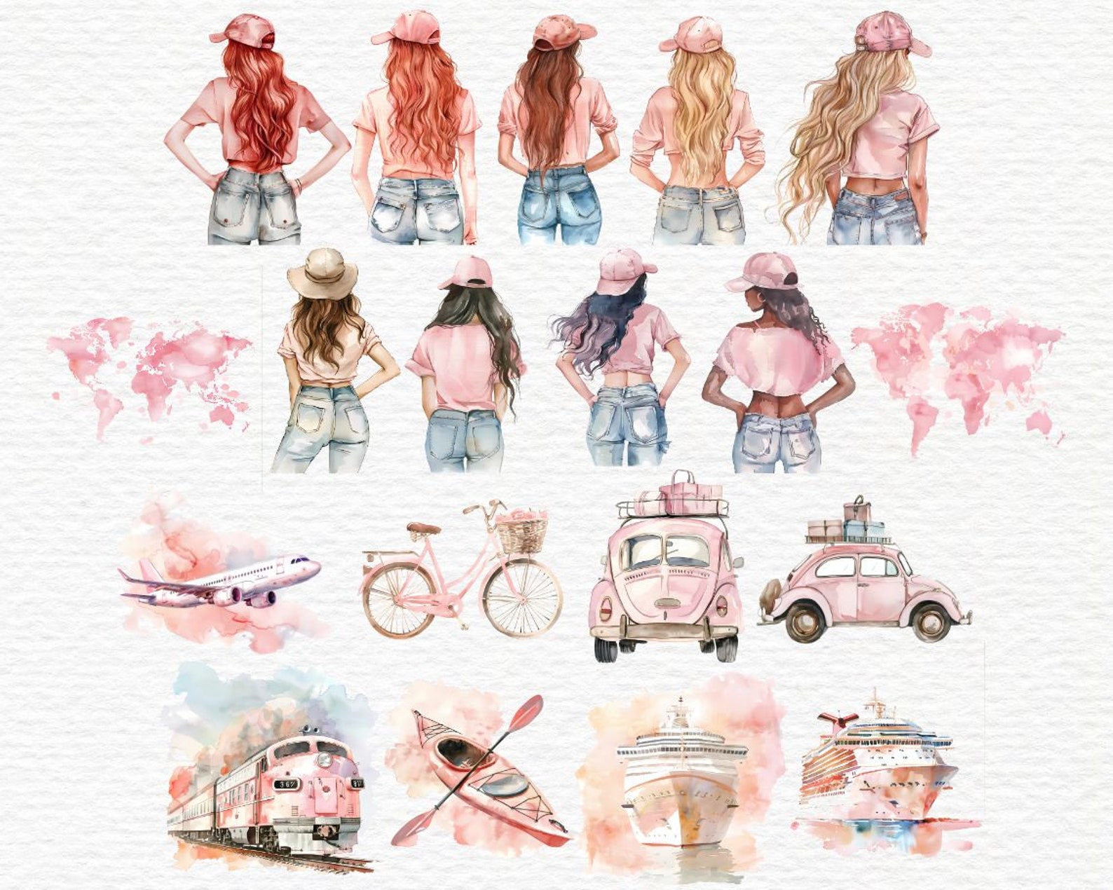 Travel Watercolor Clipart Pink Girly Theme. Learn More in Description ...