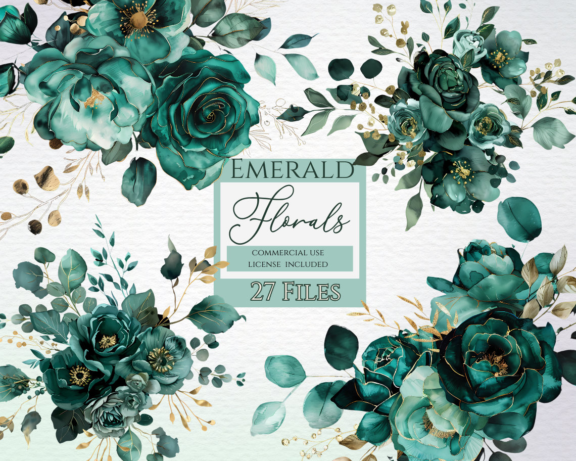Emerald Green Flowers Clipart, Wedding Clipart, Watercolor Flowers, Bouquet Flowers, Premade ...