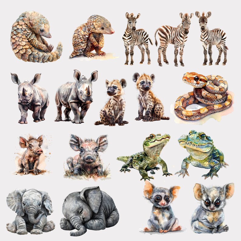 Jungle Clipart Bundle, Watercolor Jungle Cute Baby Animals Pngs, Safari ...