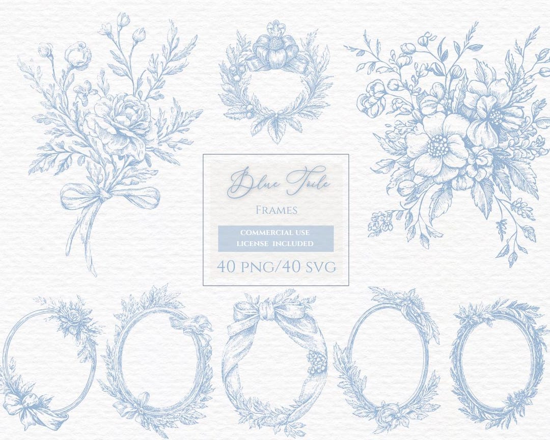 French Blue Frame Clipart, Toile De Jouy Png, Wedding Monogram, Floral ...