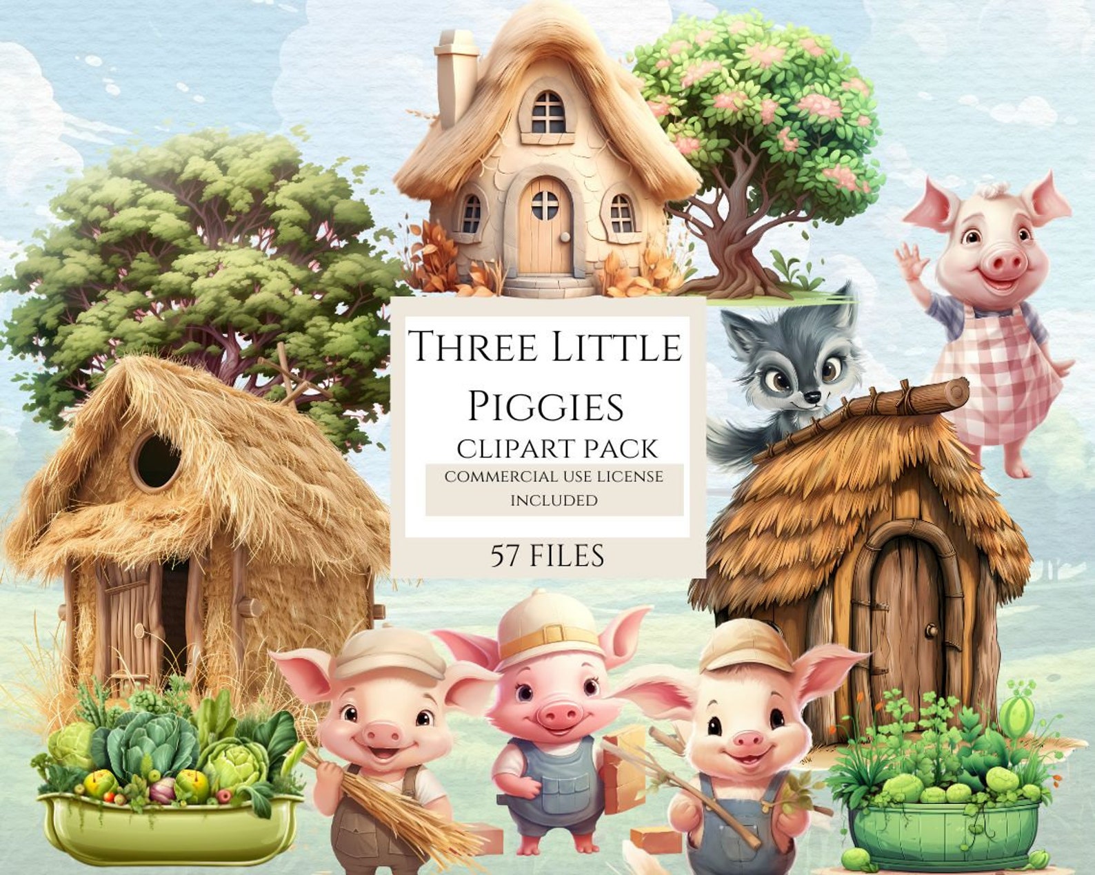 Three Little Pigs Clip Art, Birthday Theme Png, Watercolor Fairy ...