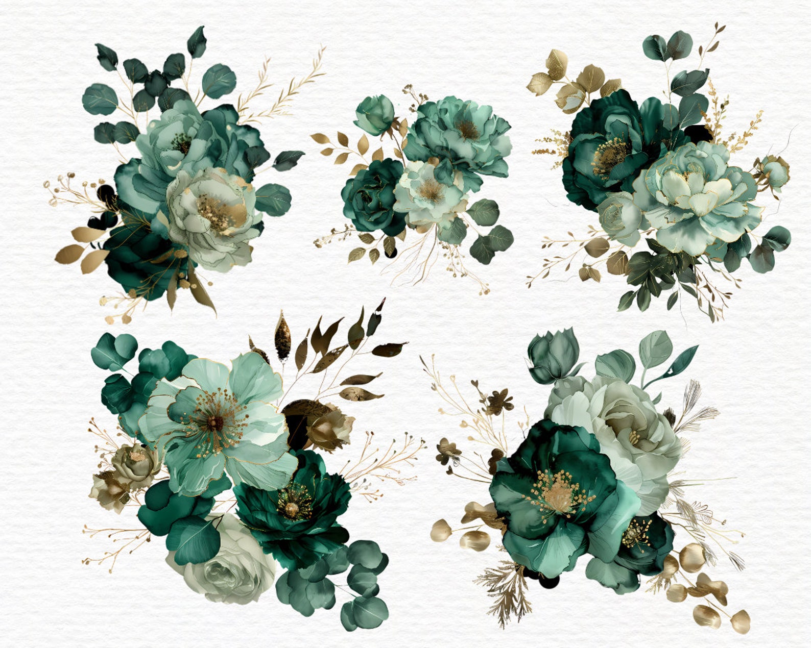 Emerald Green Flowers Clipart, Wedding Clipart, Watercolor Flowers ...