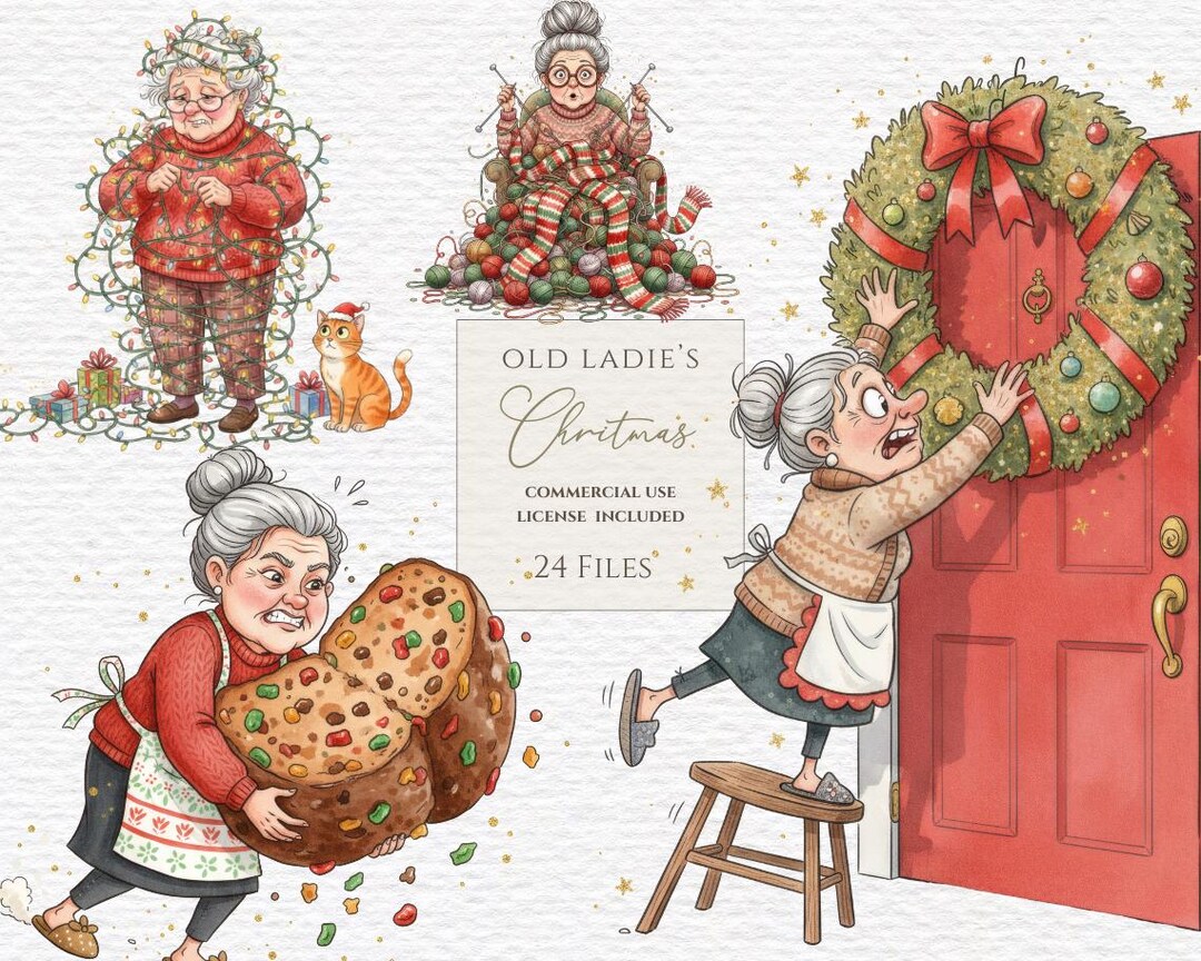 Old Lady Christmas Clipart Funny Lady, Junk Journal Kit, Christmas ...