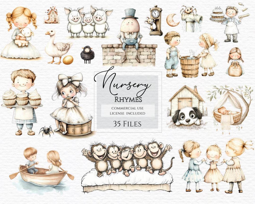 Watercolor Nursery Rhyme Clipart, Baby Shower Clipart, Hey Diddle ...