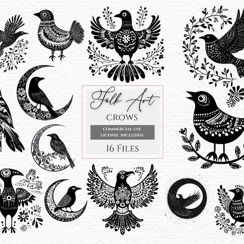 Folk Art Crow Drawing - Etsy