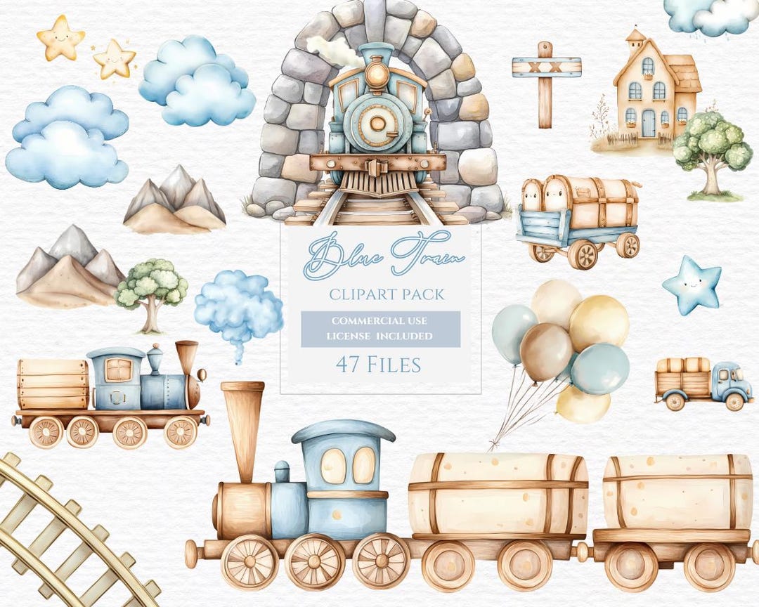 Watercolor Blue Train Kids Clipart ,watercolor Clipart, Boy Birthday ...