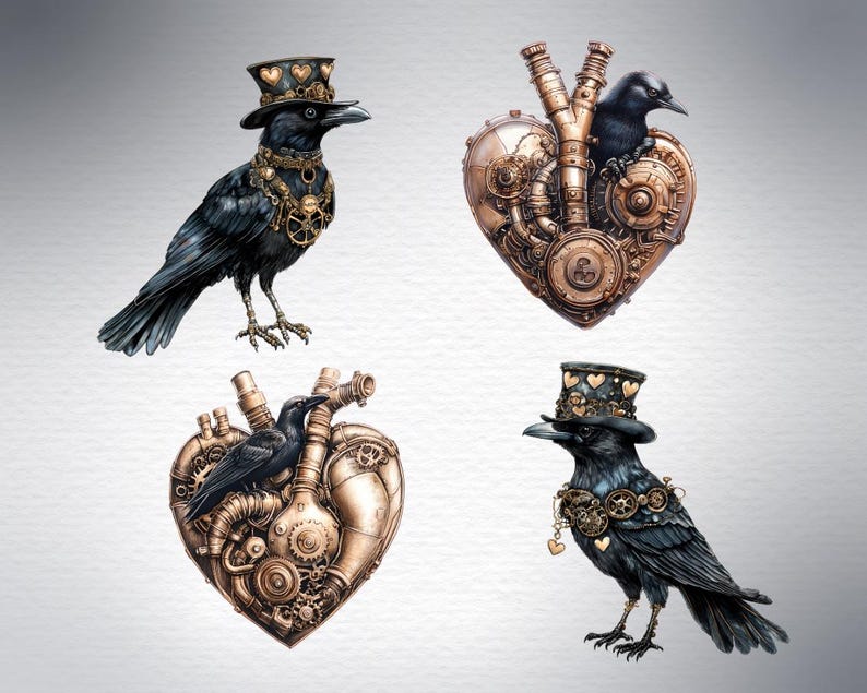Steampunk Birds Clipart, Gothic Heart Clipart, Steampunk Ornament, Goth Crow Png, Gothic Raven ...