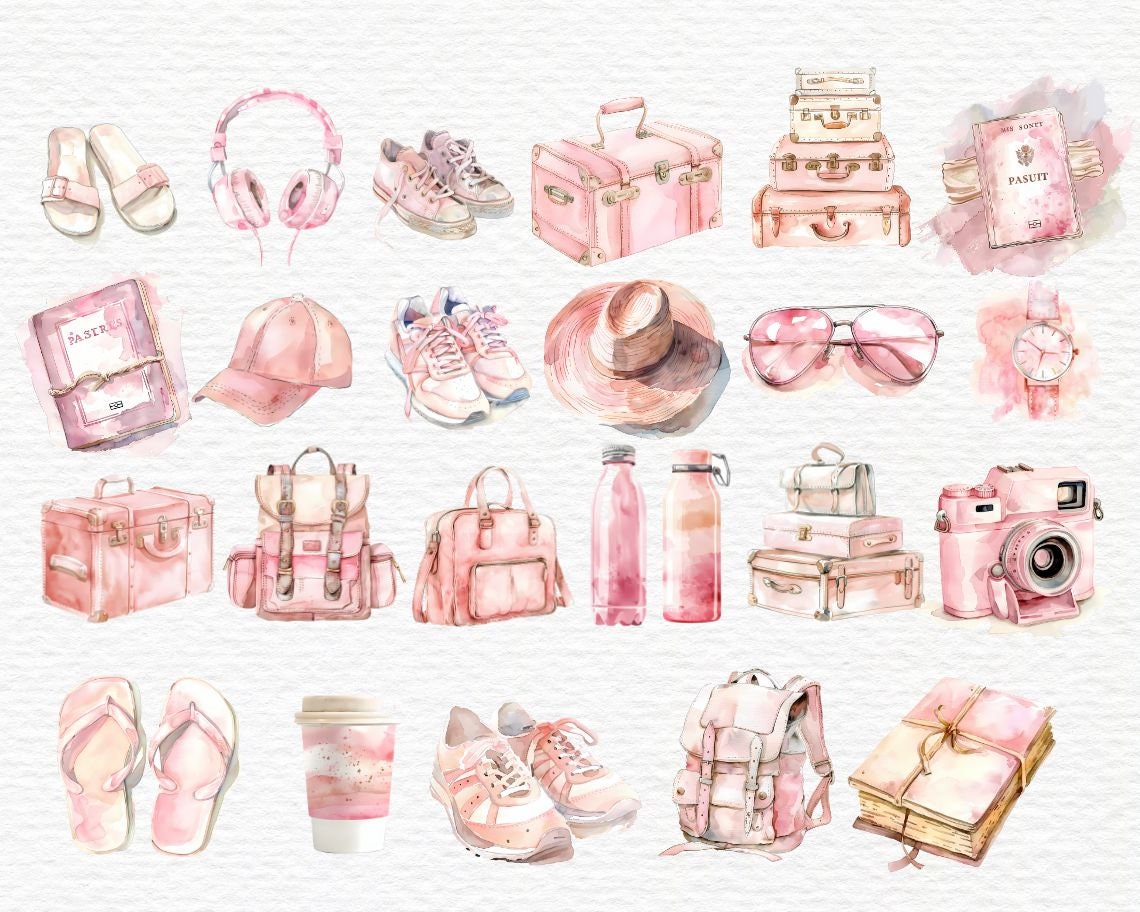 Travel Watercolor Clipart Pink Girly Theme. Learn More in Description ...