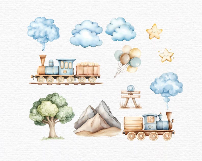 Watercolor Blue Train Kids Clipart ,watercolor Clipart, Boy Birthday ...