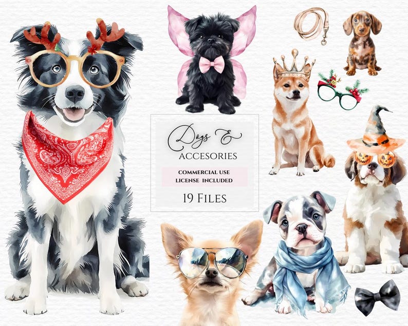 Watercolor Dog Accessories Clipart, Dog Clip Art, Pet Portrait, Puppy ...