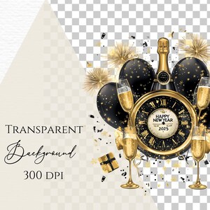Happy New Year Clipart Black and Gold 2025, Black and Gold Party, New ...